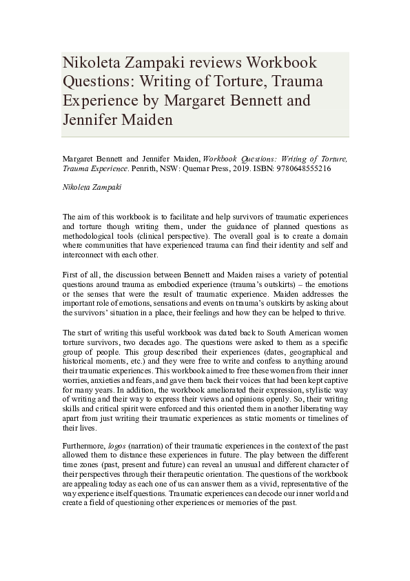 (PDF) Workbook Questions: Writing of Torture, Trauma Experience