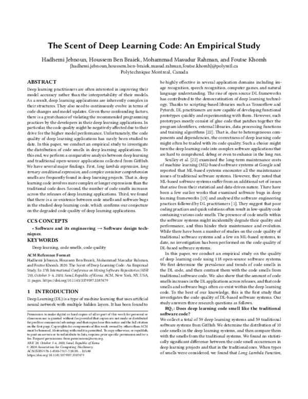 (PDF) The Scent of Deep Learning Code: An Empirical Study