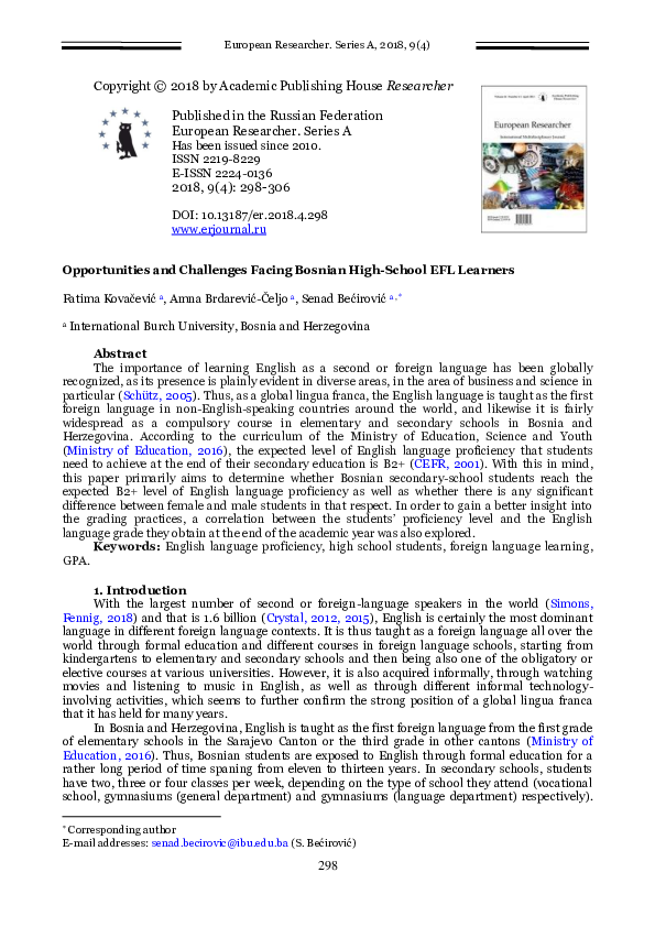 (PDF) Opportunities and Challenges Facing Bosnian High-School EFL Learners (PDF) Opportunities and Challenges Facing Bosnian High-School EFL Learners