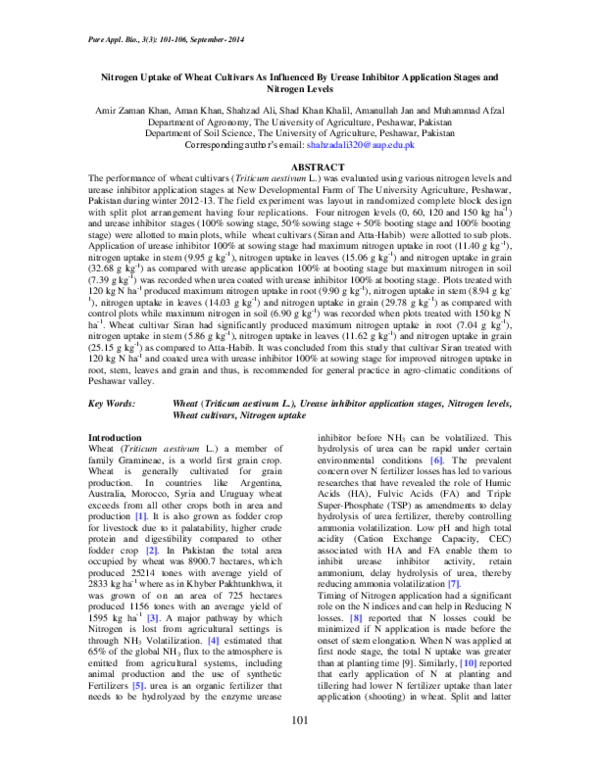 (PDF) Nitrogen Uptake of Wheat Cultivars As Influenced By Urease ...