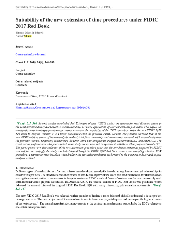(PDF) Suitability of the new extension of time procedures under FIDIC ...