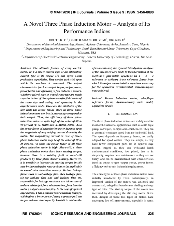(PDF) A Novel Three Phase Induction Motor -Analysis of Its Performance Indices