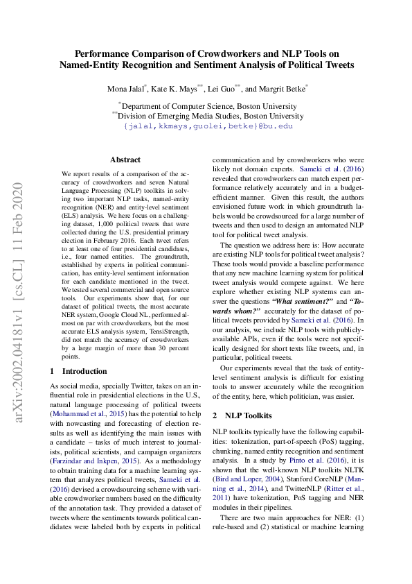 (PDF) Performance Comparison of Crowdworkers and NLP Tools on Named ...