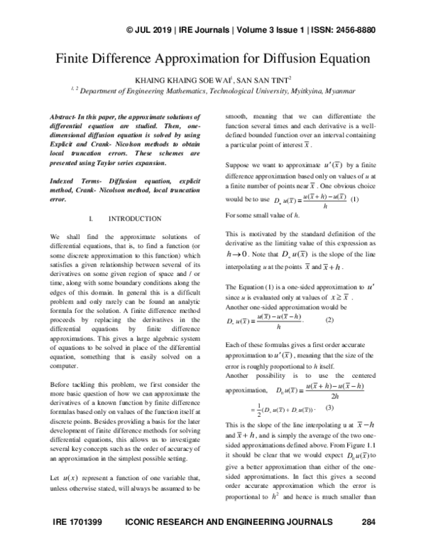 Pdf Finite Difference Approximation For Diffusion Equation
