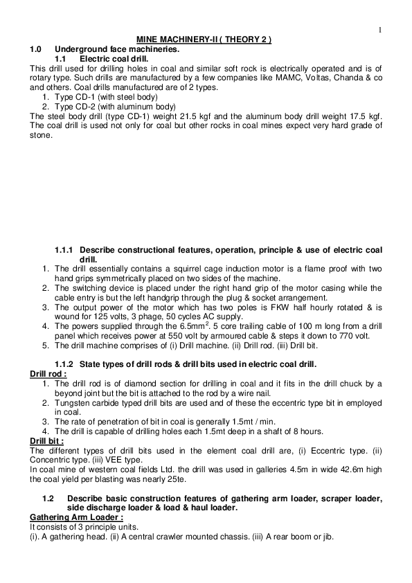 (PDF) MINE MACHINERY-II ( THEORY 2 ) 1.0 Underground face machineries