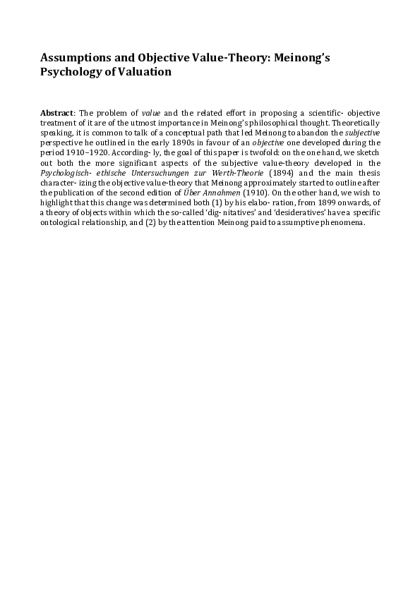 (PDF) Assumptions and Objective Value-Theory: Meinong's Psychology of Valuation