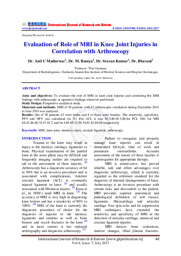 (PDF) Evaluation of Role of MRI in Knee Joint Injuries in Correlation ...