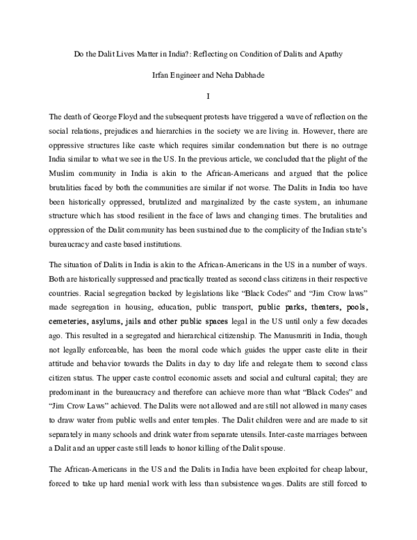 (DOC) Do the Dalit Lives Matter in India?: Reflecting on Condition of ...