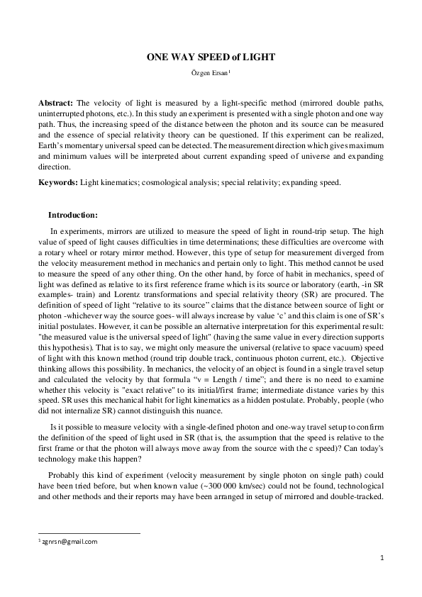 (PDF) ONE WAY SPEED of LIGHT
