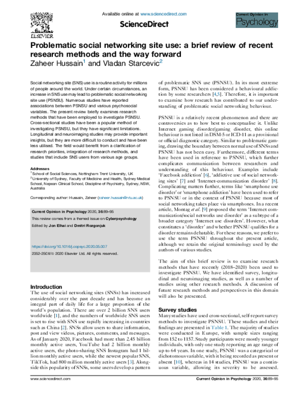 Pdf Problematic Social Networking Site Use A Brief Review Of Recent Research Methods And The