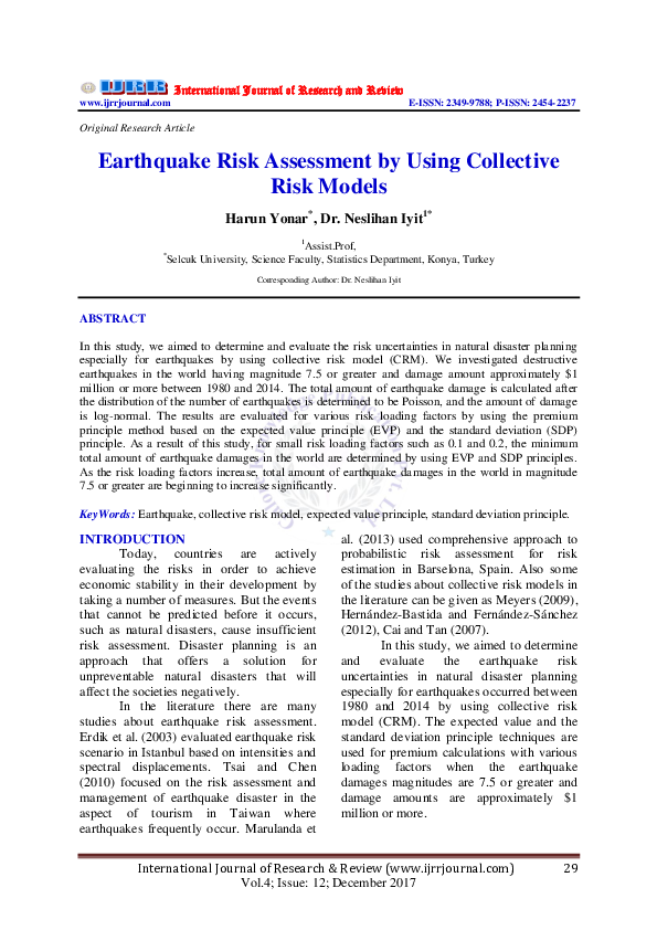 (PDF) Earthquake Risk Assessment by Using Collective Risk Models