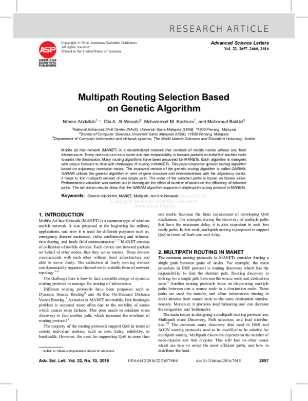 Pdf Multipath Routing Selection Based On Genetic Algorithm