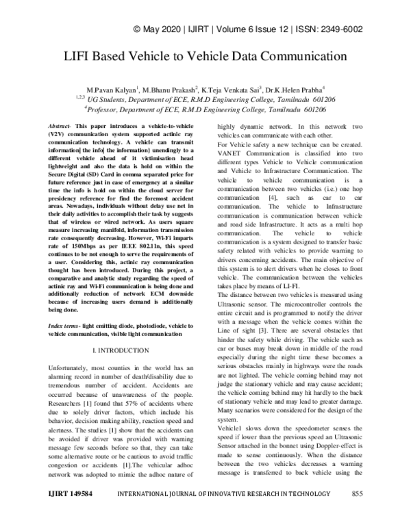 (PDF) LIFI Based Vehicle to Vehicle Data Communication