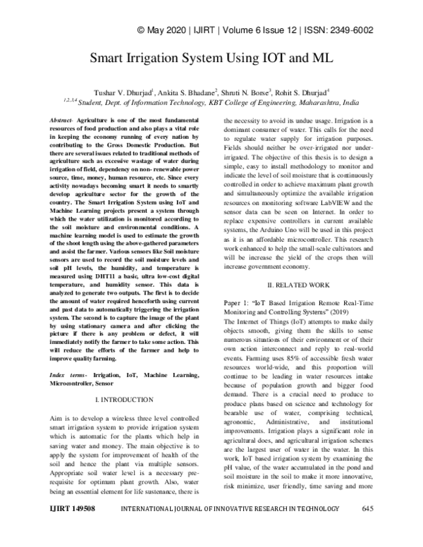 (PDF) Smart Irrigation System Using IOT and ML