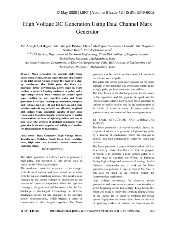(PDF) High Voltage DC Generation Using Dual Channel Marx Generator