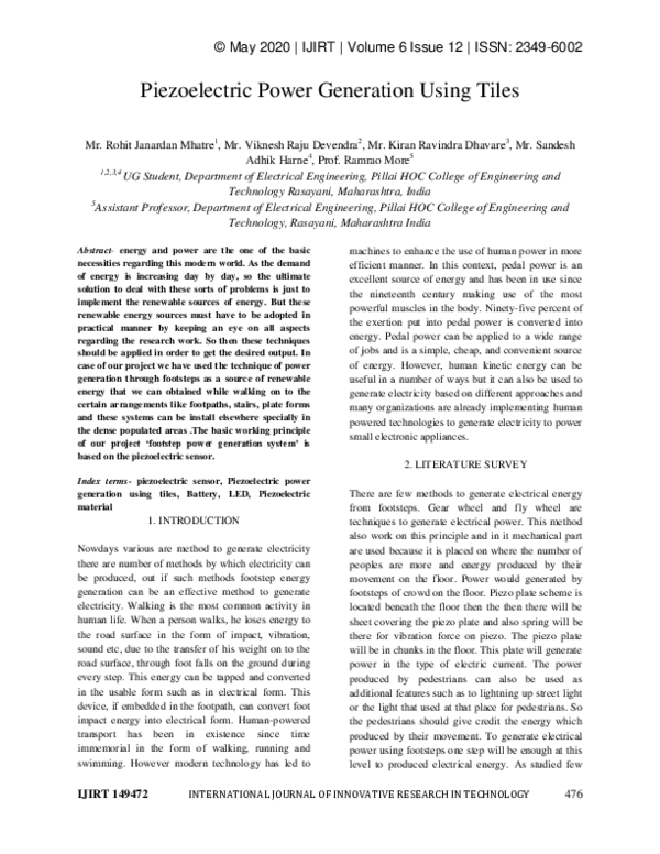 (PDF) Footstep Energy via Piezoelectric Tiles