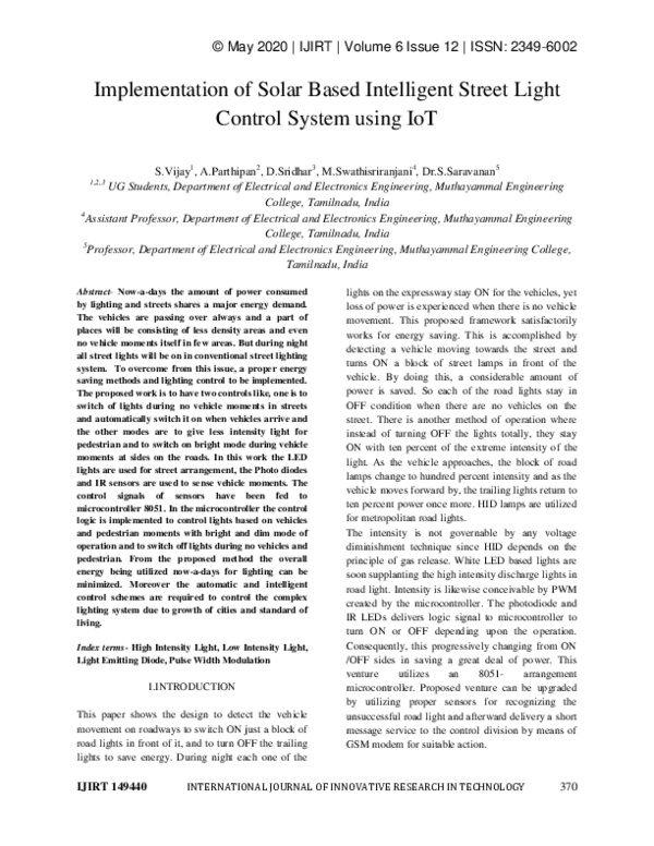 (PDF) Implementation of Solar Based Intelligent Street Light Control ...