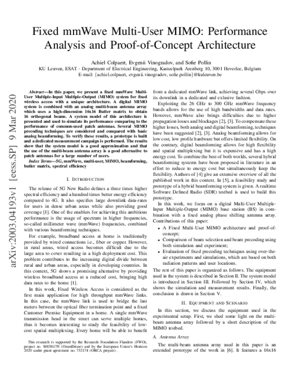 Pdf Fixed Mmwave Multi User Mimo Performance Analysis And Proof Of