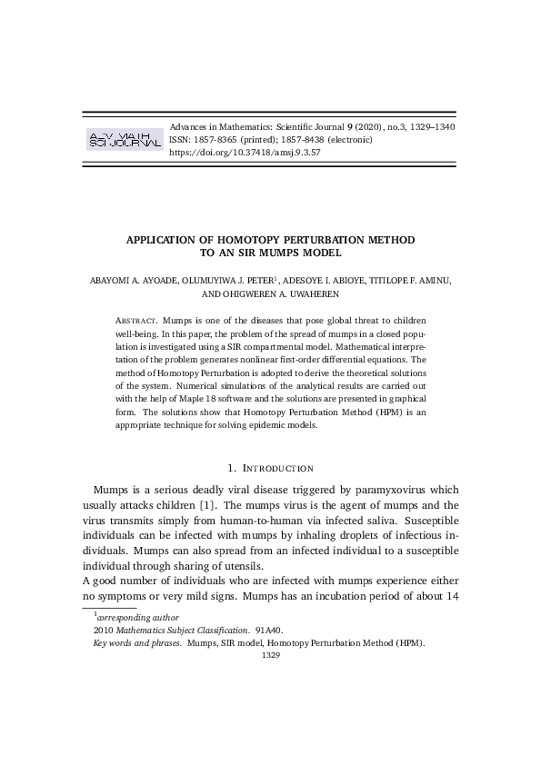 Pdf Application Of Homotopy Perturbation Method To An Sir Mumps Model