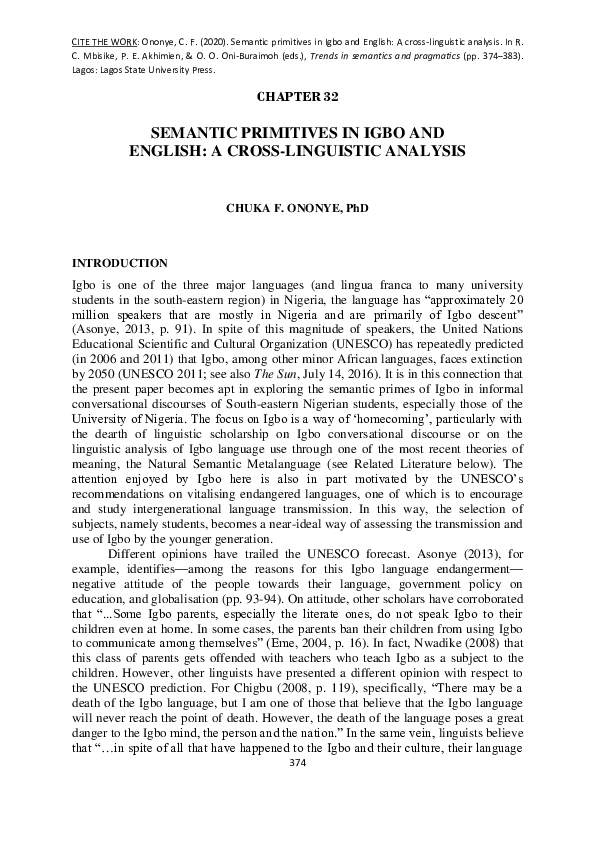 (PDF) Semantic primitives in Igbo and English: A cross-linguistic ...