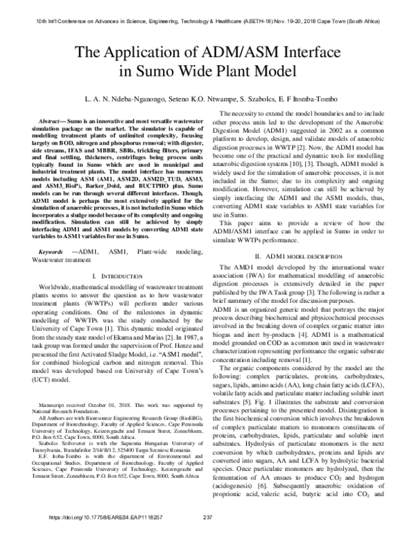 (PDF) The Application of ADM/ASM Interface in Sumo Wide Plant Model