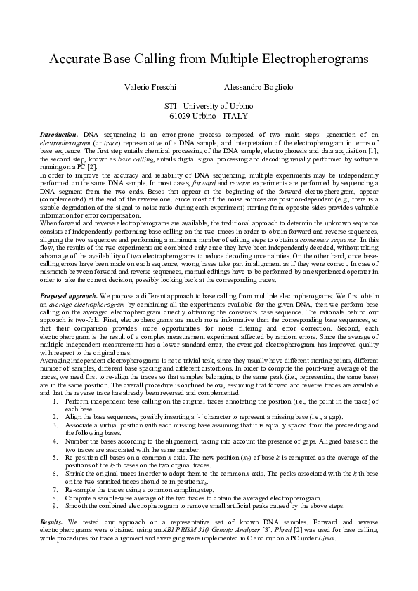(PDF) Accurate Base Calling from Multiple Electropherograms