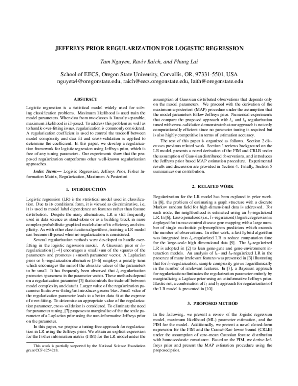 (PDF) JEFFREYS PRIOR REGULARIZATION FOR LOGISTIC REGRESSION (PDF) JEFFREYS PRIOR REGULARIZATION FOR LOGISTIC REGRESSION