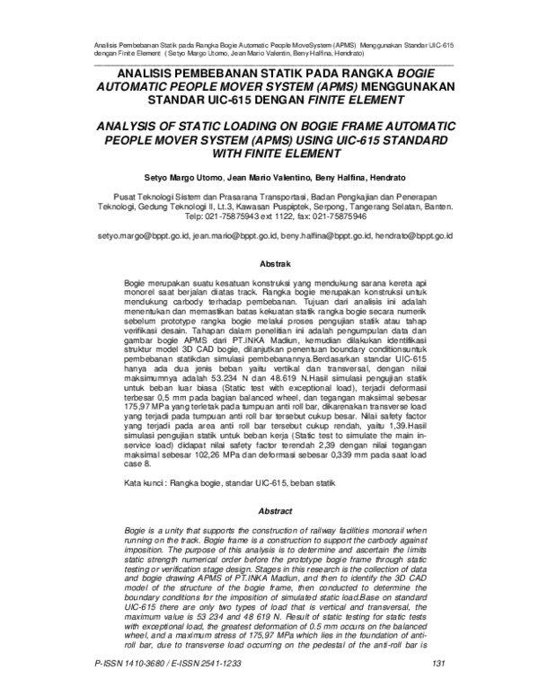 Pdf Analysis Of Static Loading On Bogie Frame Automatic People Mover System Apms Using Uic