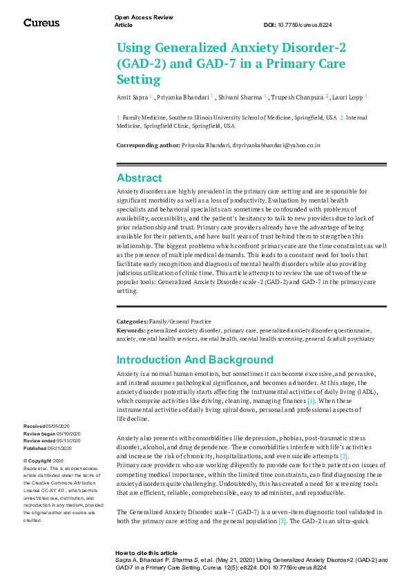 (PDF) Using Generalized Anxiety Disorder-2 (GAD-2) and GAD-7 in a ...