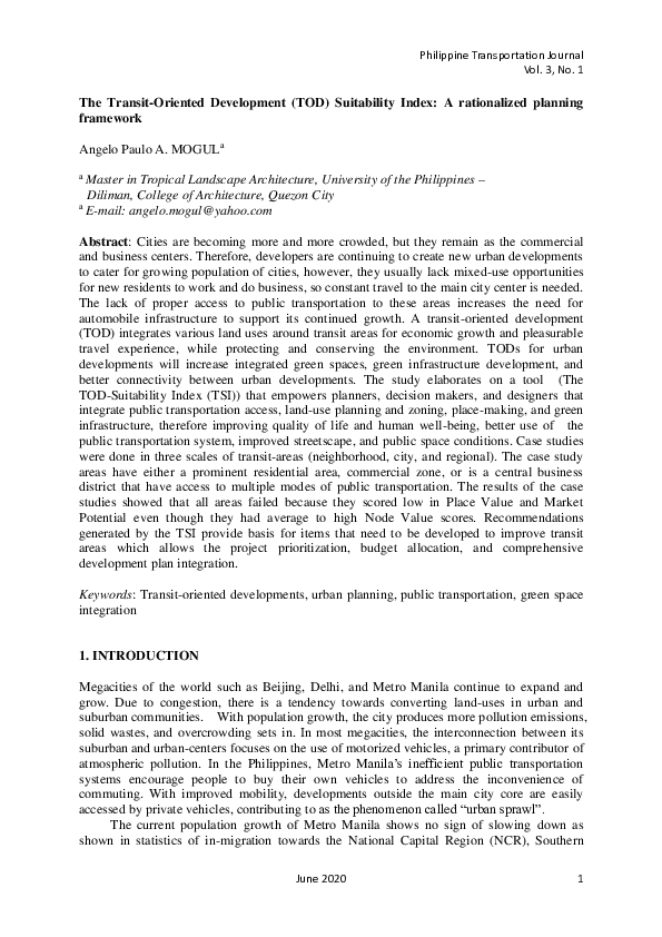 (PDF) The Transit-Oriented Development (TOD) Suitability Index: A rationalized planning framework