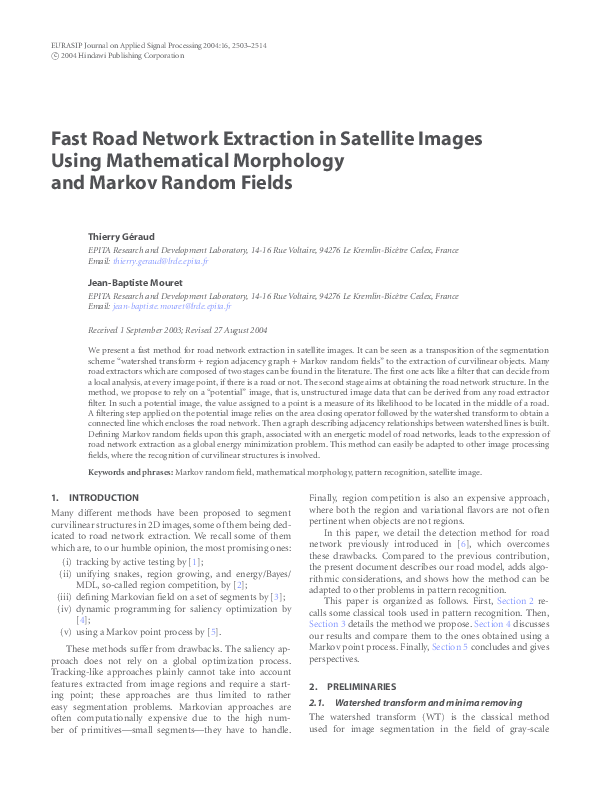 Pdf Fast Road Network Extraction In Satellite Images Using Mathematical Morphology And Markov