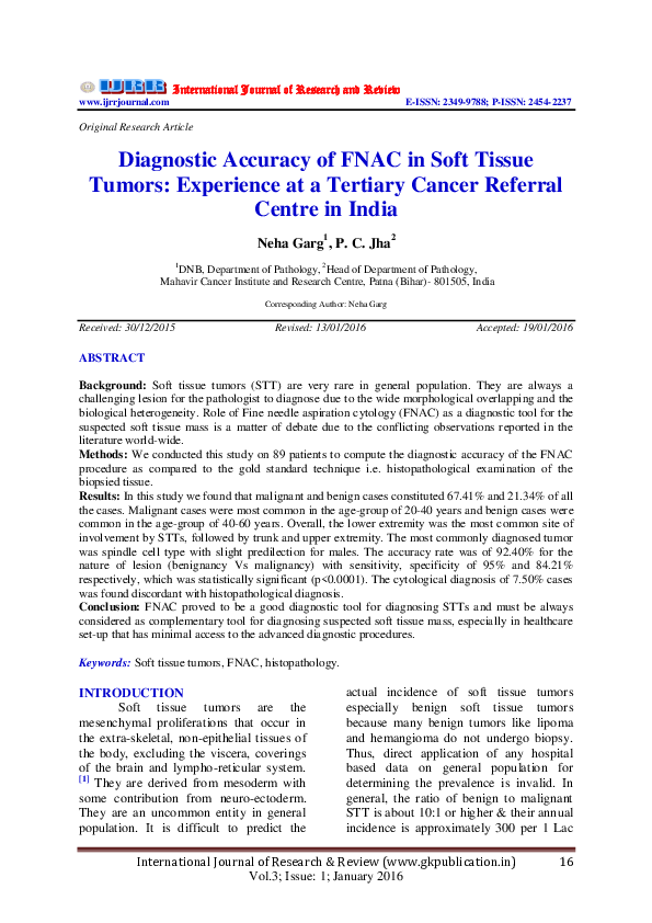(PDF) Diagnostic Accuracy of FNAC in Soft Tissue Tumors: Experience at ...