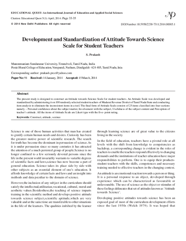(PDF) Development and Standardisation of Attitude Towards Science Scale ...
