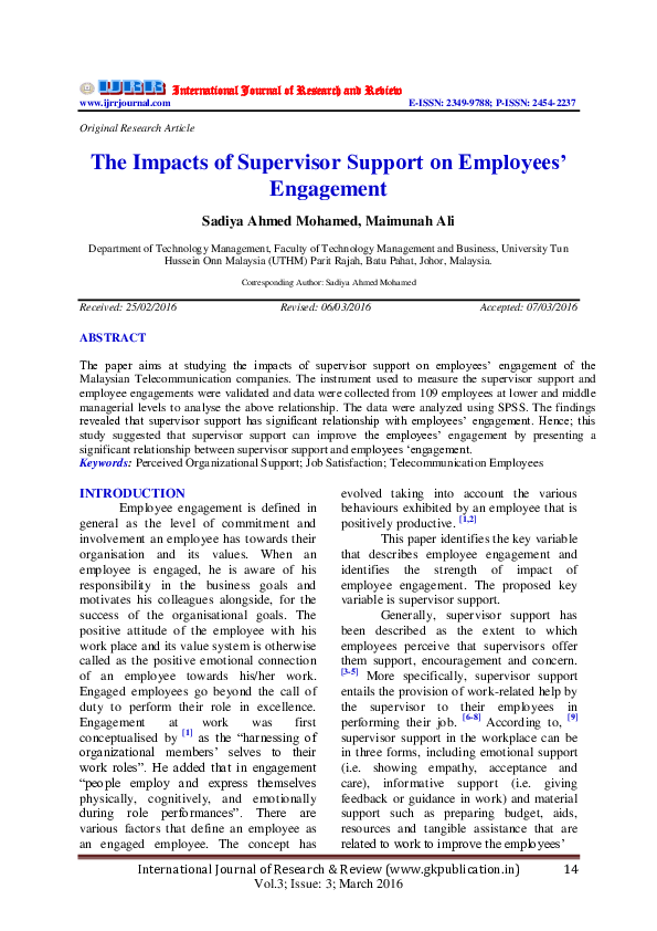 (PDF) The Impacts of Supervisor Support on Employees' Engagement