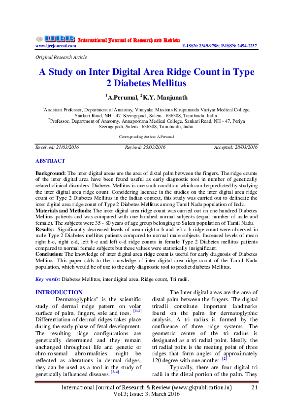 (PDF) A Study on Inter Digital Area Ridge Count in Type 2 Diabetes Mellitus