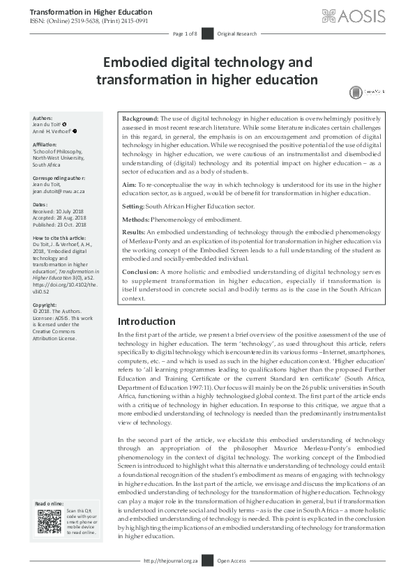 (PDF) Embodied digital technology and transformation in higher education