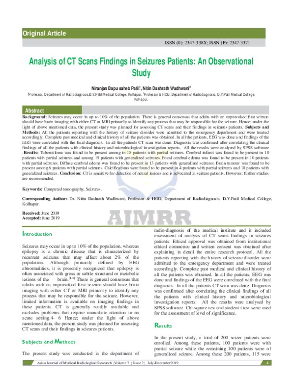 (PDF) Analysis of CT Scans Findings in Seizures Patients: An ...