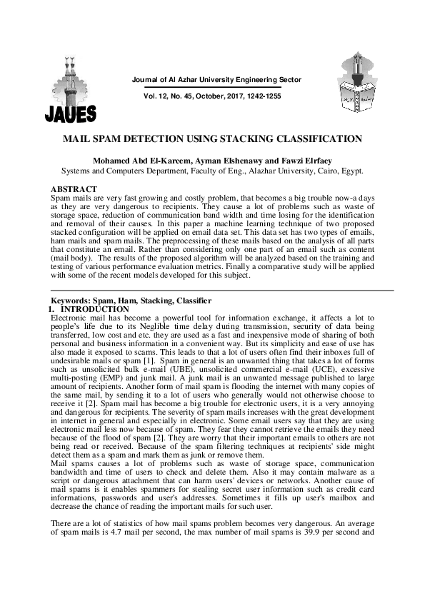 (PDF) MAIL SPAM DETECTION USING STACKING CLASSIFICATION