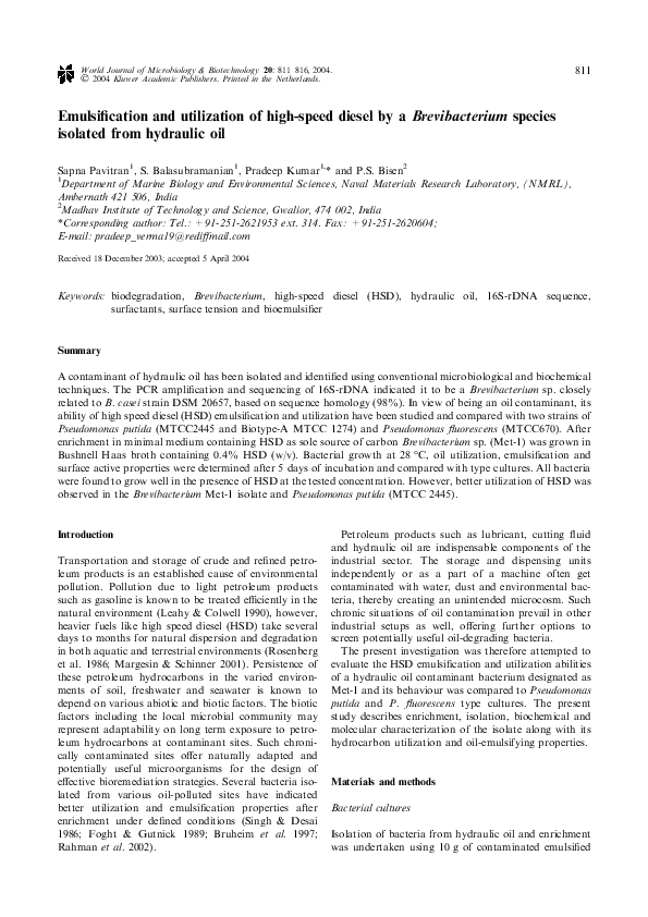 (PDF) Emulsification and utilization of high-speed diesel by a ...