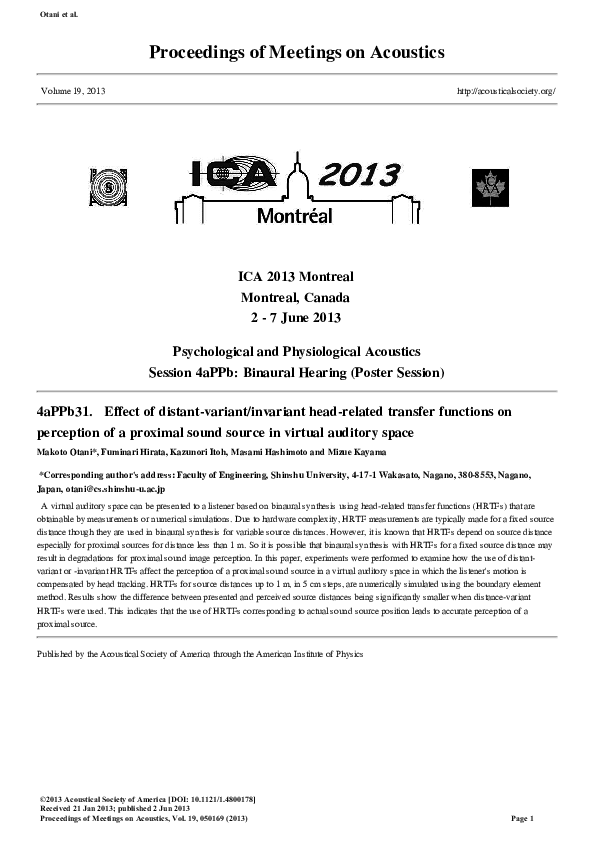 (PDF) Effect of distant-variant/invariant head-related transfer functions on perception of a ...