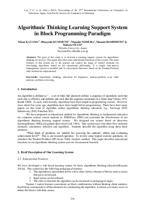 (PDF) Algorithmic Thinking Learning Support System in Block Programming Paradigm
