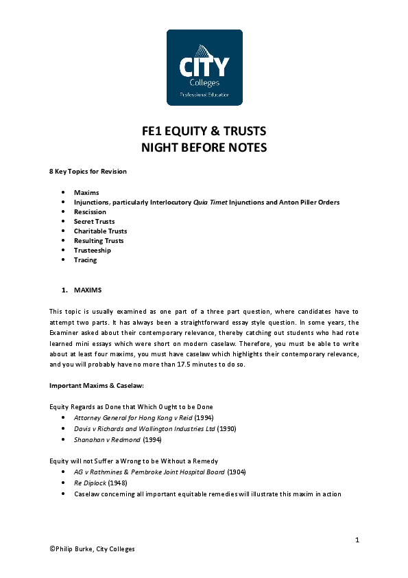 (PDF) FE1 Night Before Notes - Equity Law