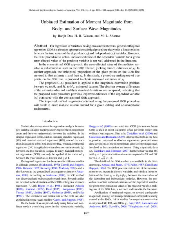PDF Unbiased Estimation Of Moment Magnitude From Body and Surface pdf-unbiased-estimation-of-moment-magnitude-from-body-and-surface