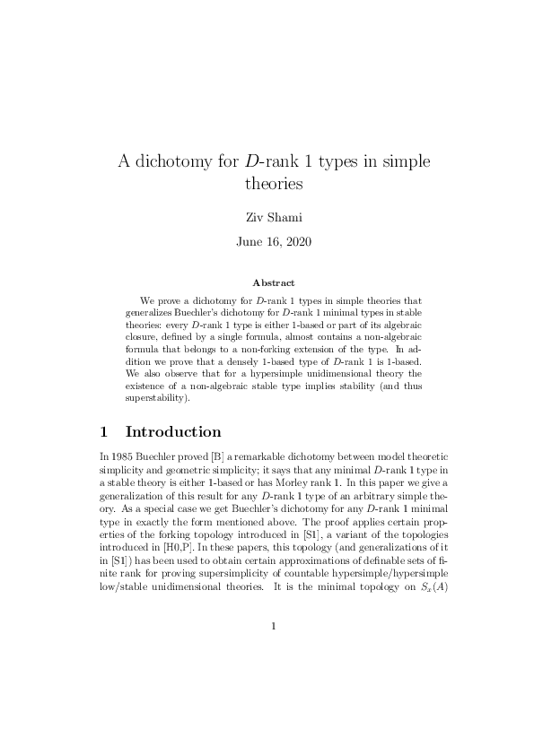 (PDF) A dichotomy for D-rank 1 types in simple theories