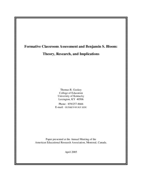 (PDF) Formative Classroom Assessment and Benjamin S. Bloom: Theory ...