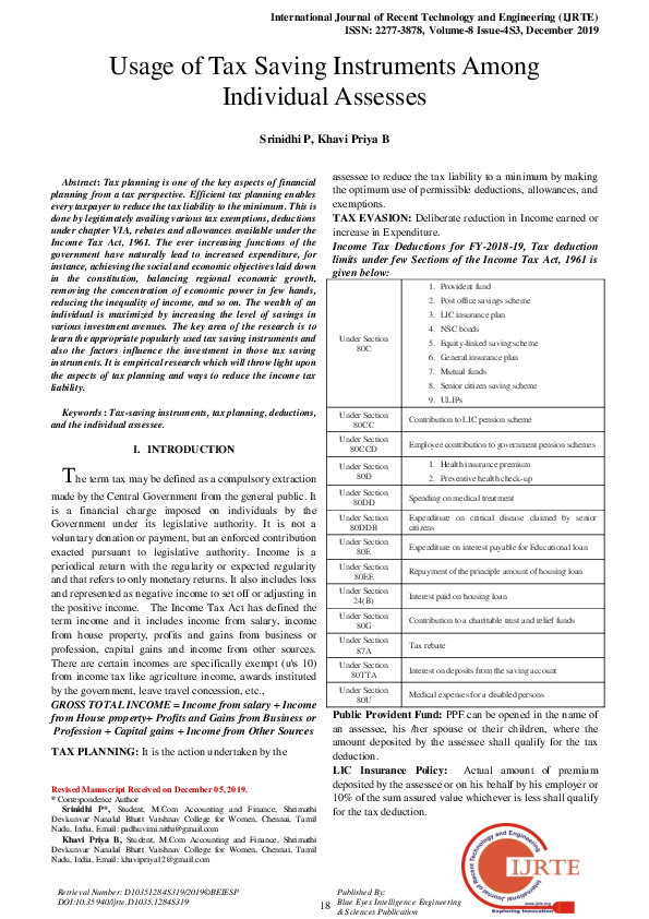 (PDF) Usage of Tax Saving Instruments Among Individual Assesses