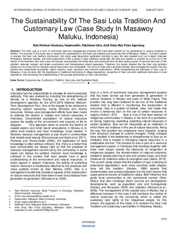 (PDF) The Sustainability Of The Sasi Lola Tradition And Customary Law (Case Study In Masawoy ...