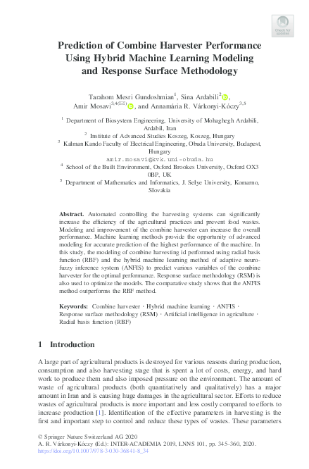 (PDF) Prediction of Combine Harvester Performance Using Hybrid Machine Learning Modeling and ...