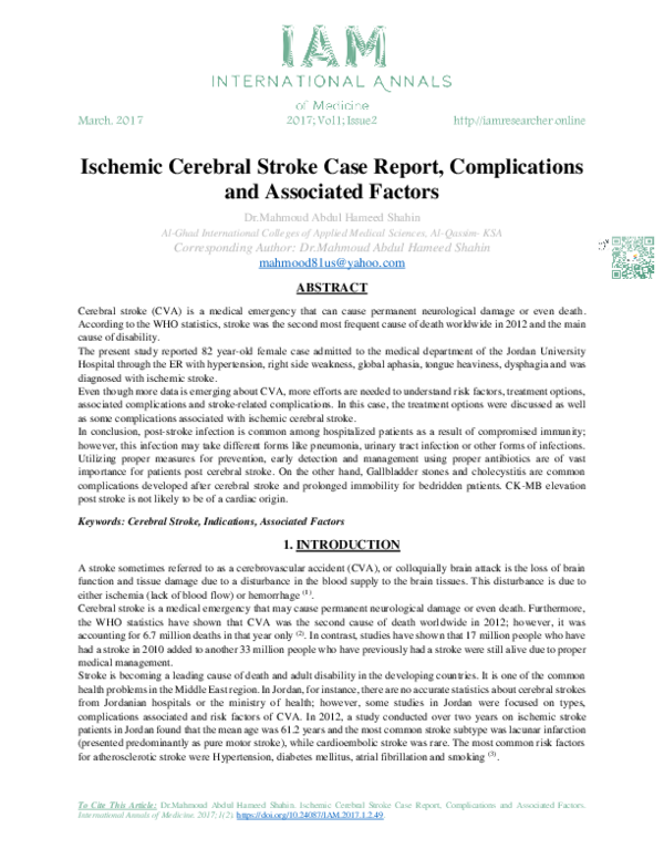(PDF) Ischemic Cerebral Stroke Case Report, Complications and ...