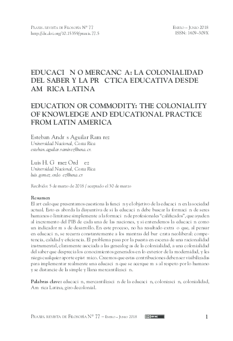 (PDF) EDUCACIÓN O MERCANCÍA: LA COLONIALIDAD DEL SABER Y LA PRÁCTICA ...